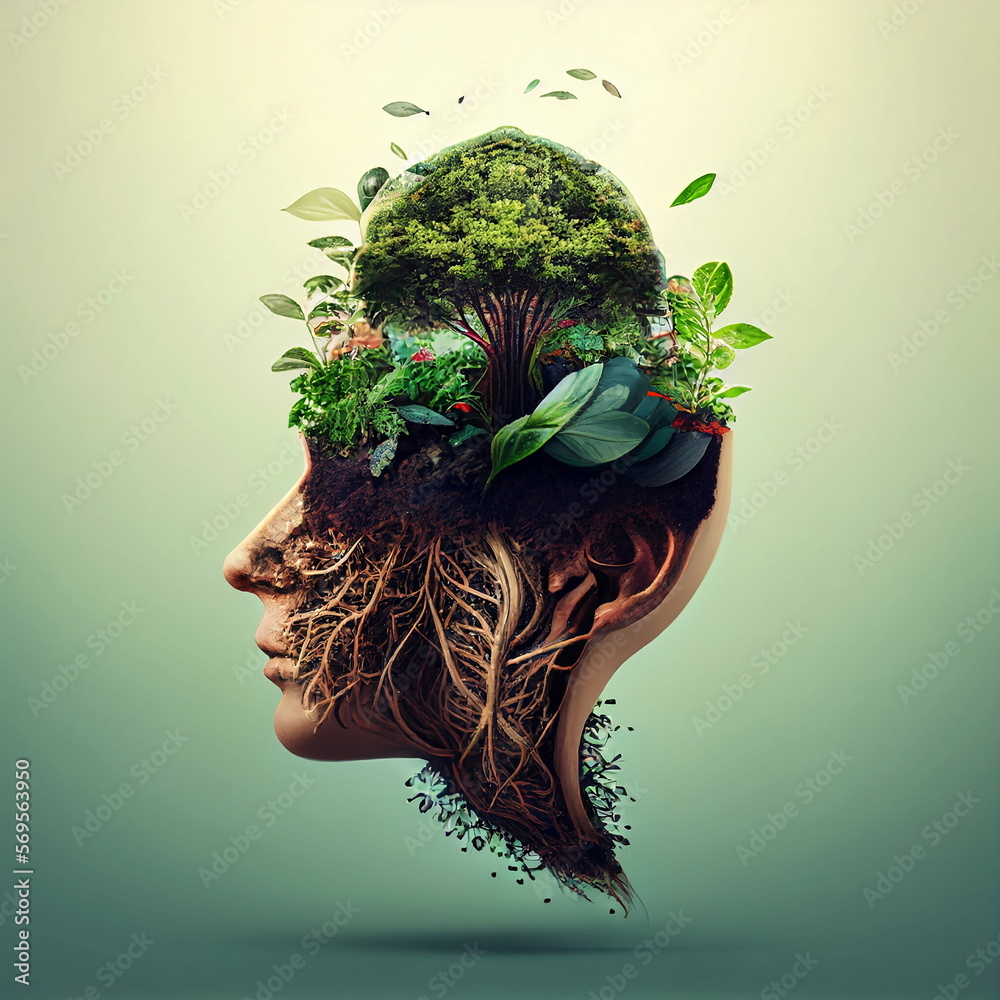 Flourishing Thoughts, plants and trees growing from a human head, roots ...