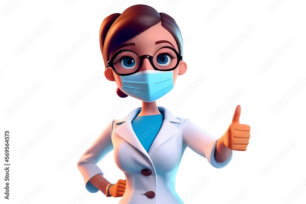 3d cartoon character cute Doctor woman wearing face mask and with thumb ...