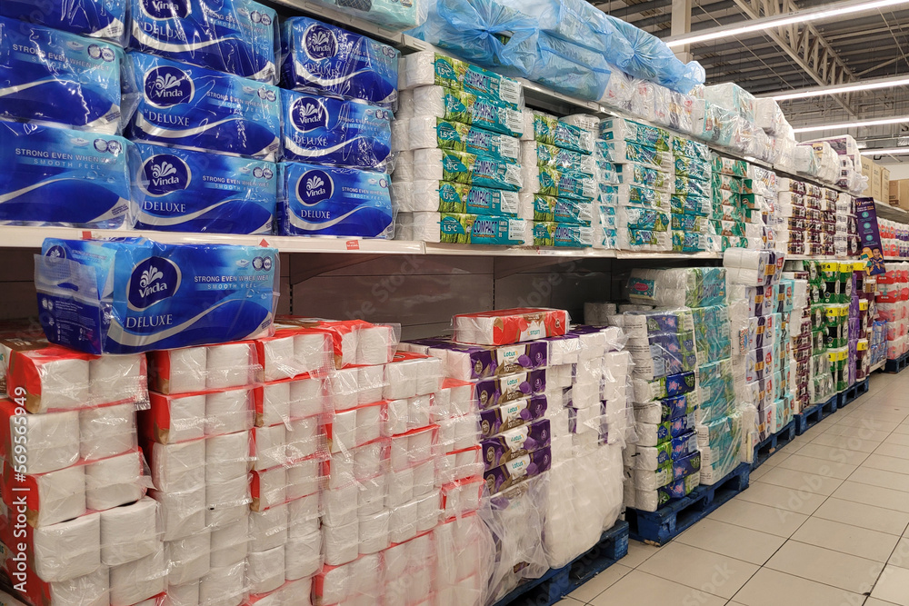 PENANG, MALAYSIA - 27 JAN 2023: Toilet paper rolls are back on shelfs ...