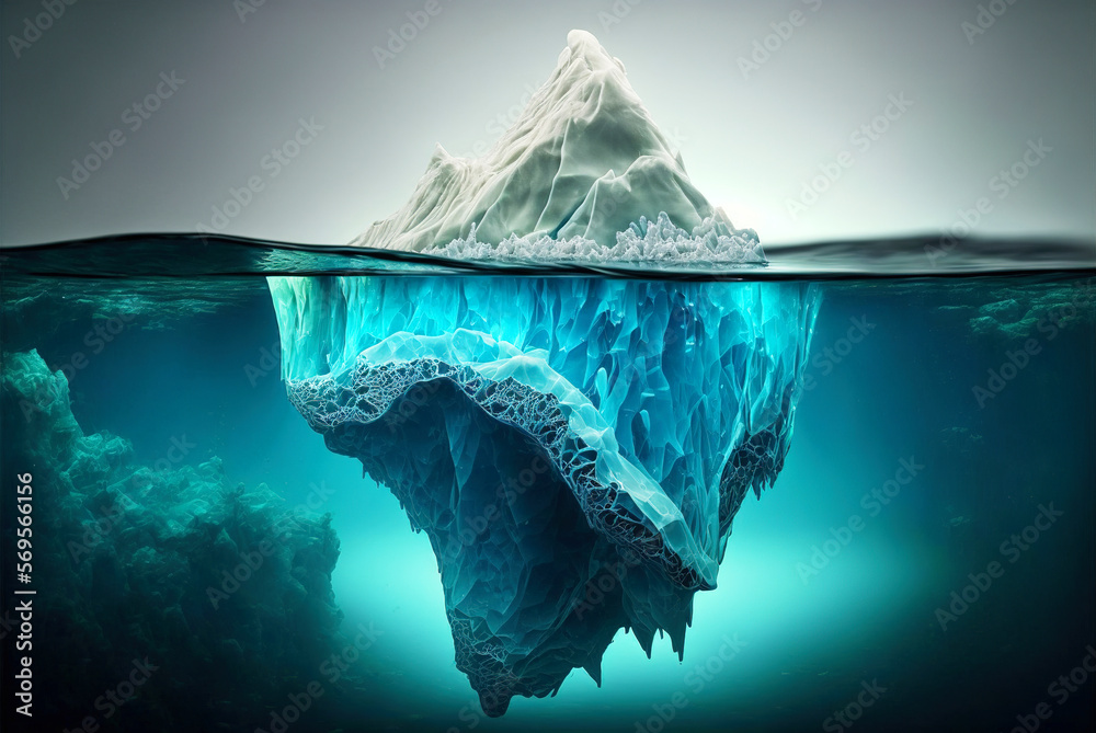 Submerged iceberg, painted drawing, warming concept. Ai generated Stock ...