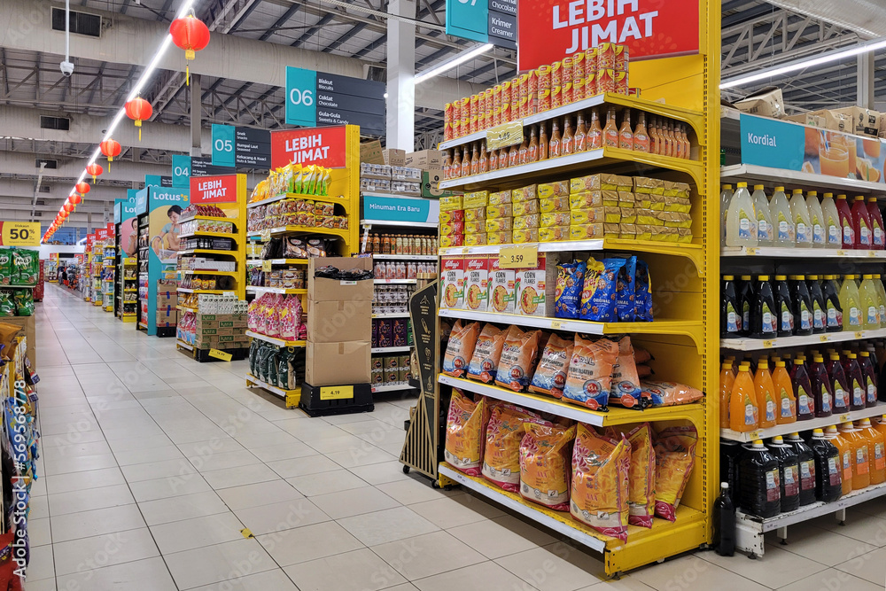 PENANG, MALAYSIA - 27 JAN 2023: Interior view of a Lotus hypermarket ...