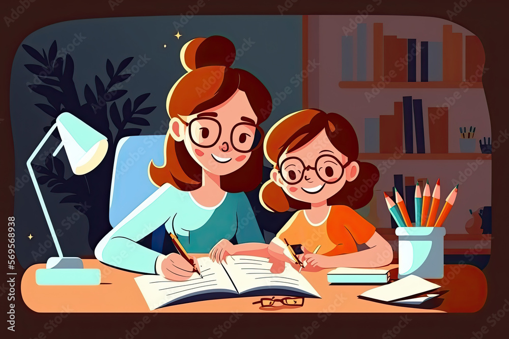 Cartoon illustration of mom and daughter doing homework at the table ...