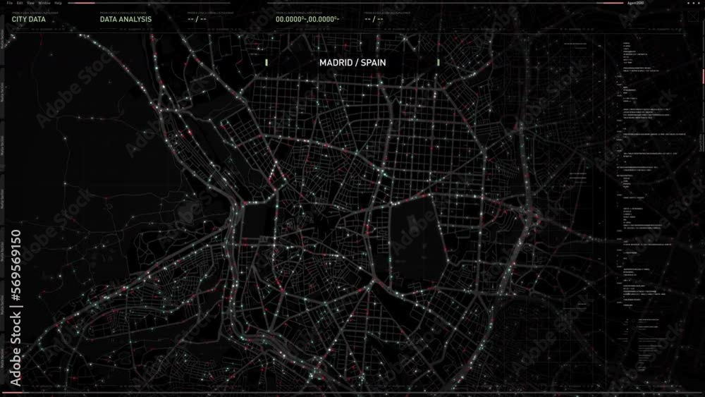 High tech surveillance scanner is analyzing the major city map. High ...