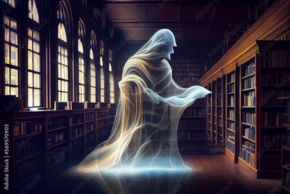 Library ghost. A lonely ghost girl stands in an old abandoned house ...