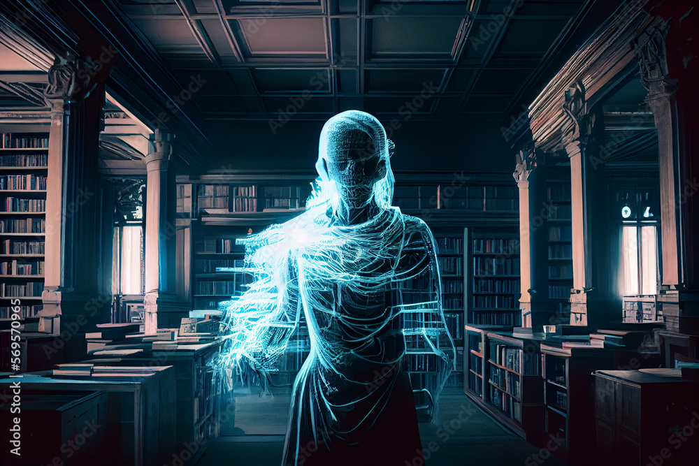 Library ghost. A lonely ghost girl stands in an old abandoned house ...