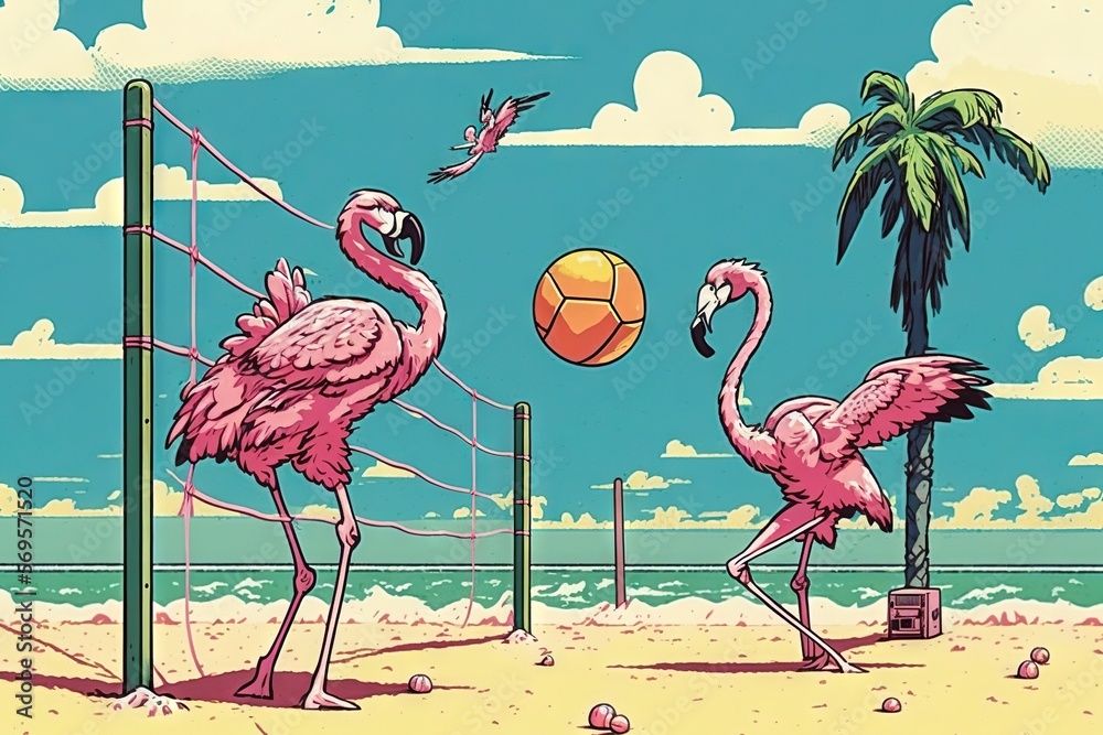 two flamingos playing volleyball on a beach with a palm tree and a ball ...