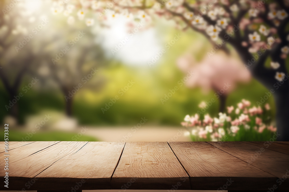 Empty wooden table in flower garden with bokeh garden background and ...