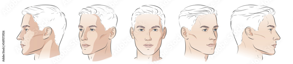 Set of man face portrait five different angle view turns of a male head ...