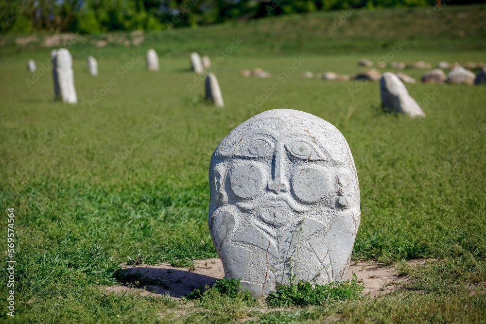 Stone sculptures around the Burana Tower in northern Kyrgyzstan Stock ...