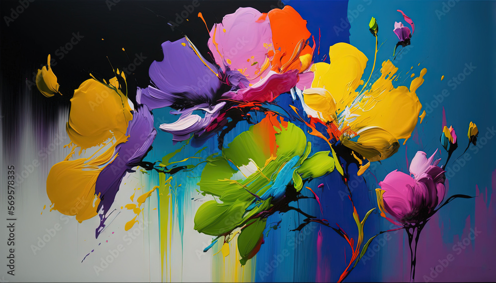 a painting of a flower with multiple colors of paint splattered on the ...