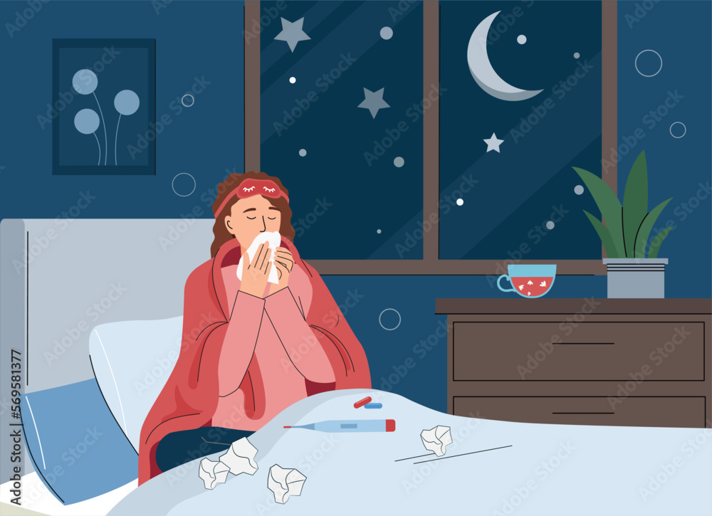 Sick woman concept. Young girl with scarves and medicines lies on bed ...