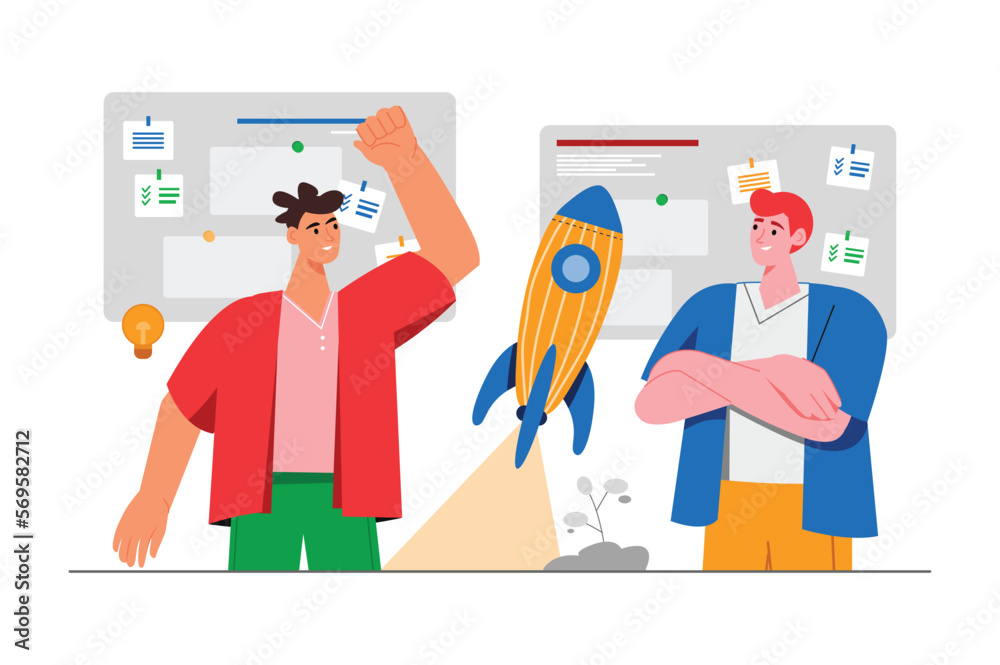 Startup gray concept with people scene in the flat cartoon style. Two ...