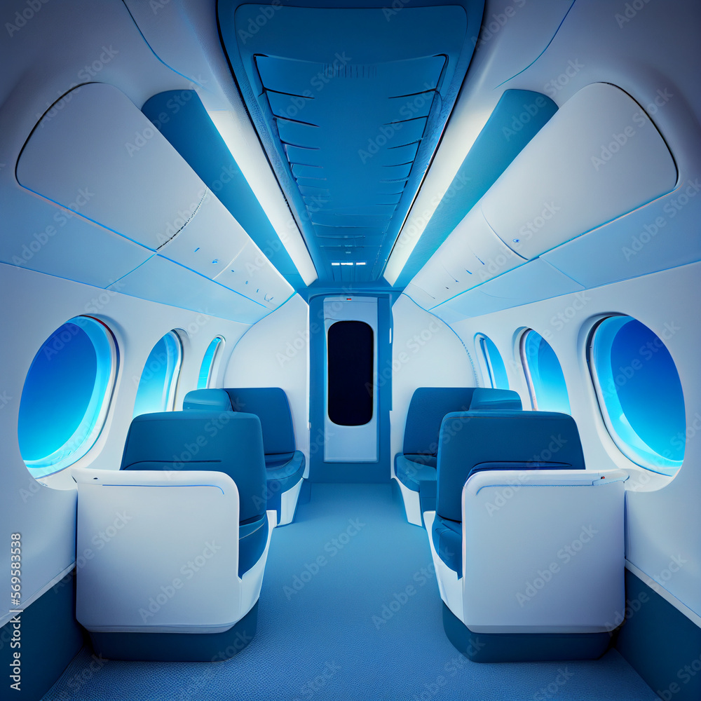 Business Interior Jet Airplane in blue and white color. Stock ...