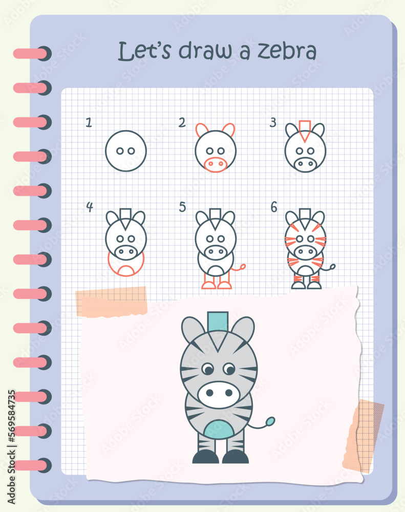 Animals Drawing lessons for kids, how to draw a zebra printable vector ...