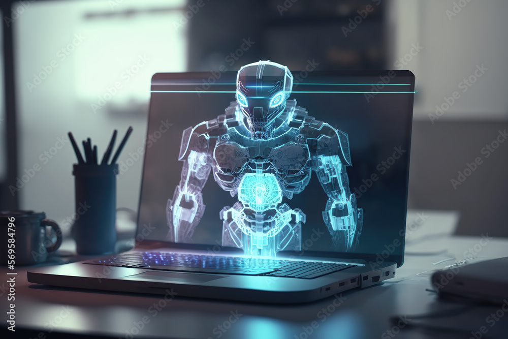 AI artificial intelligence robot helping with work in the laptop ...