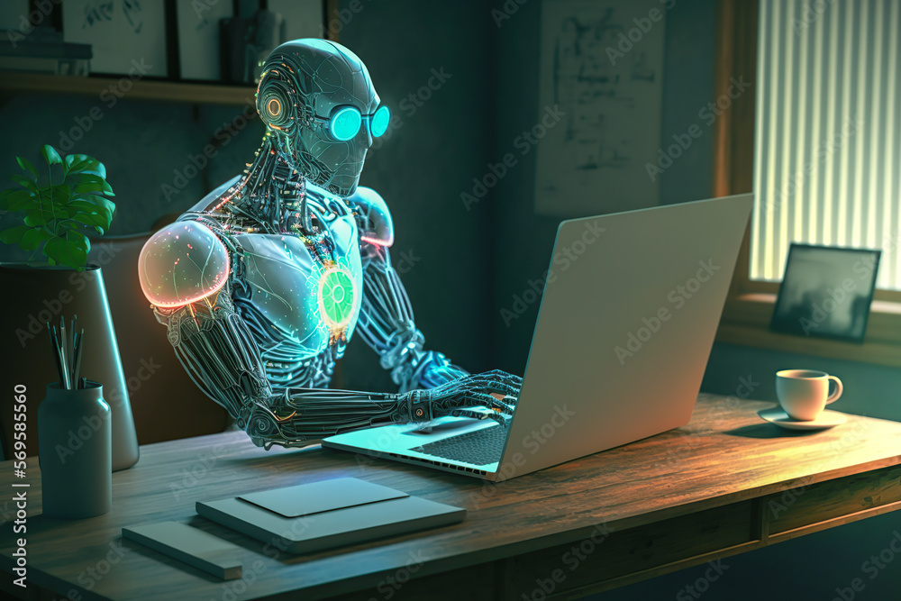 Artificial intelligence concept, chat bot working on laptop typing and ...