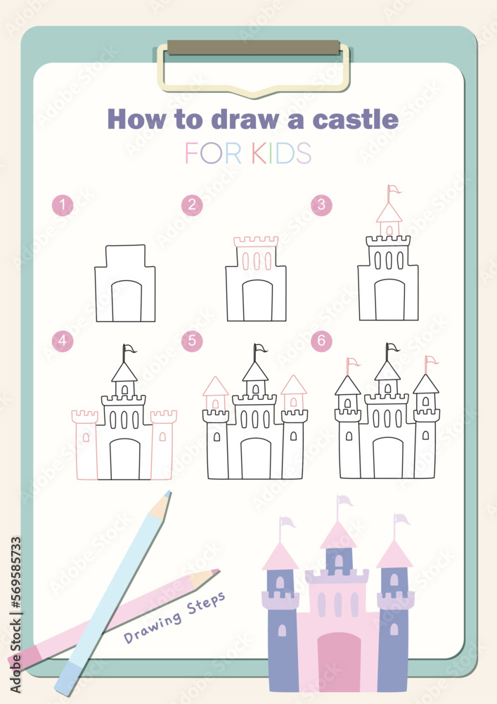 Vektorová grafika „How to draw a castle for kids, printable vector ...