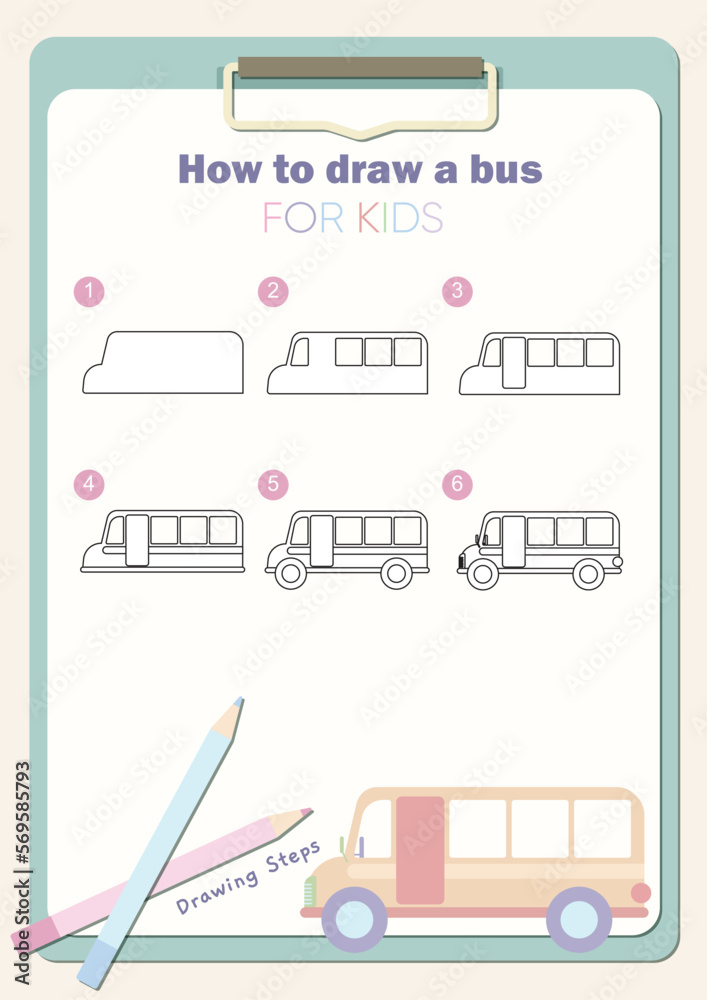 How to draw a bus for kids, printable vector illustration, drawing ...