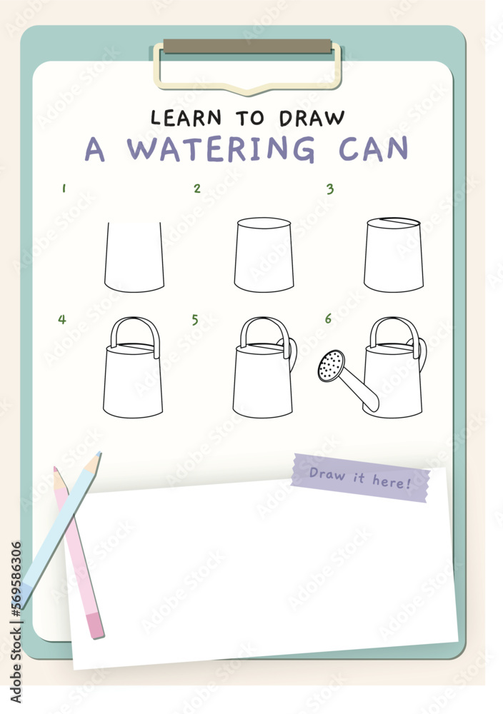 How to draw a watering can for kids, printable vector illustration ...