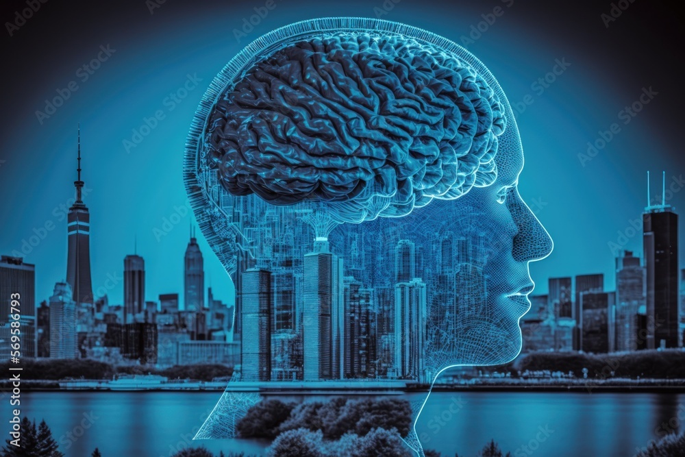 Artificial intelligence hologram with a sketch of the human brain ...