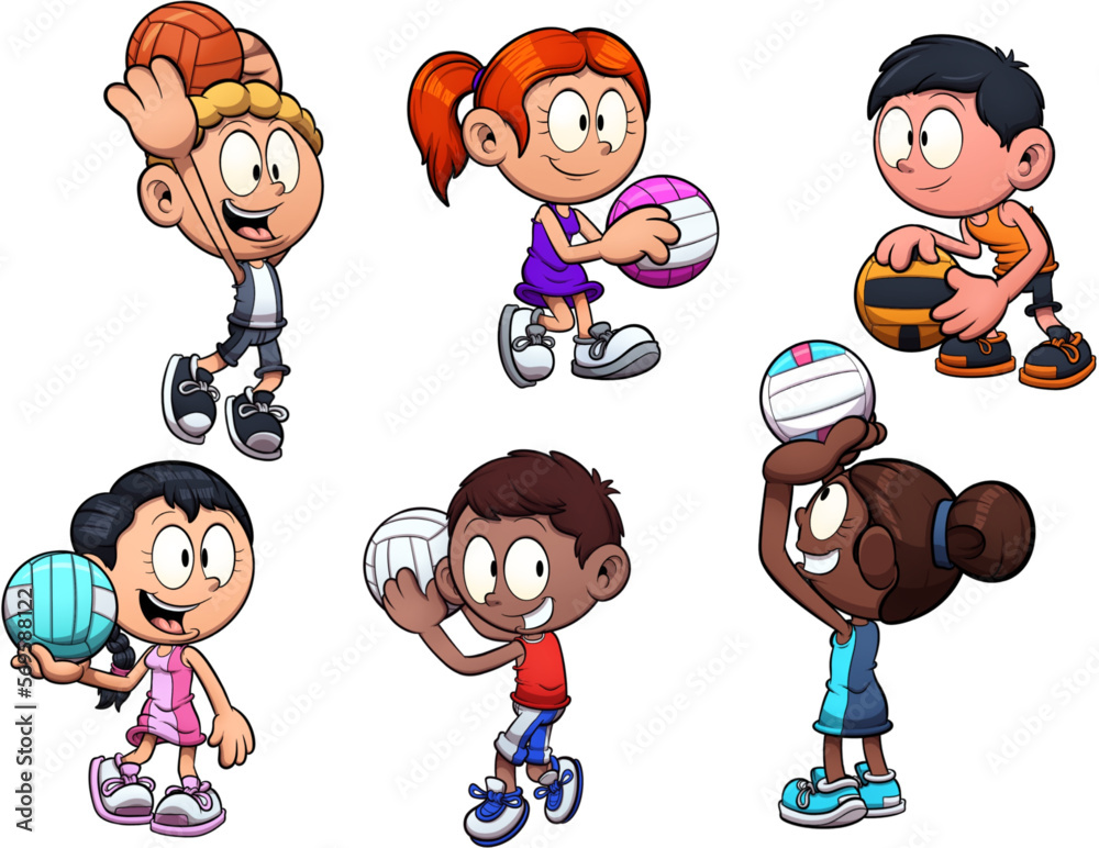 Vetor de Cartoon boys and girls playing netball. Vector clip art ...