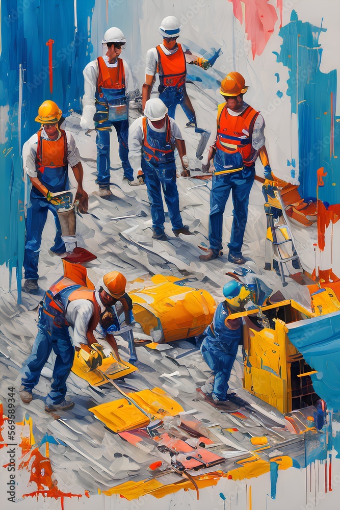 Construction workers on a construction site. Wear PPE for safety and to ...