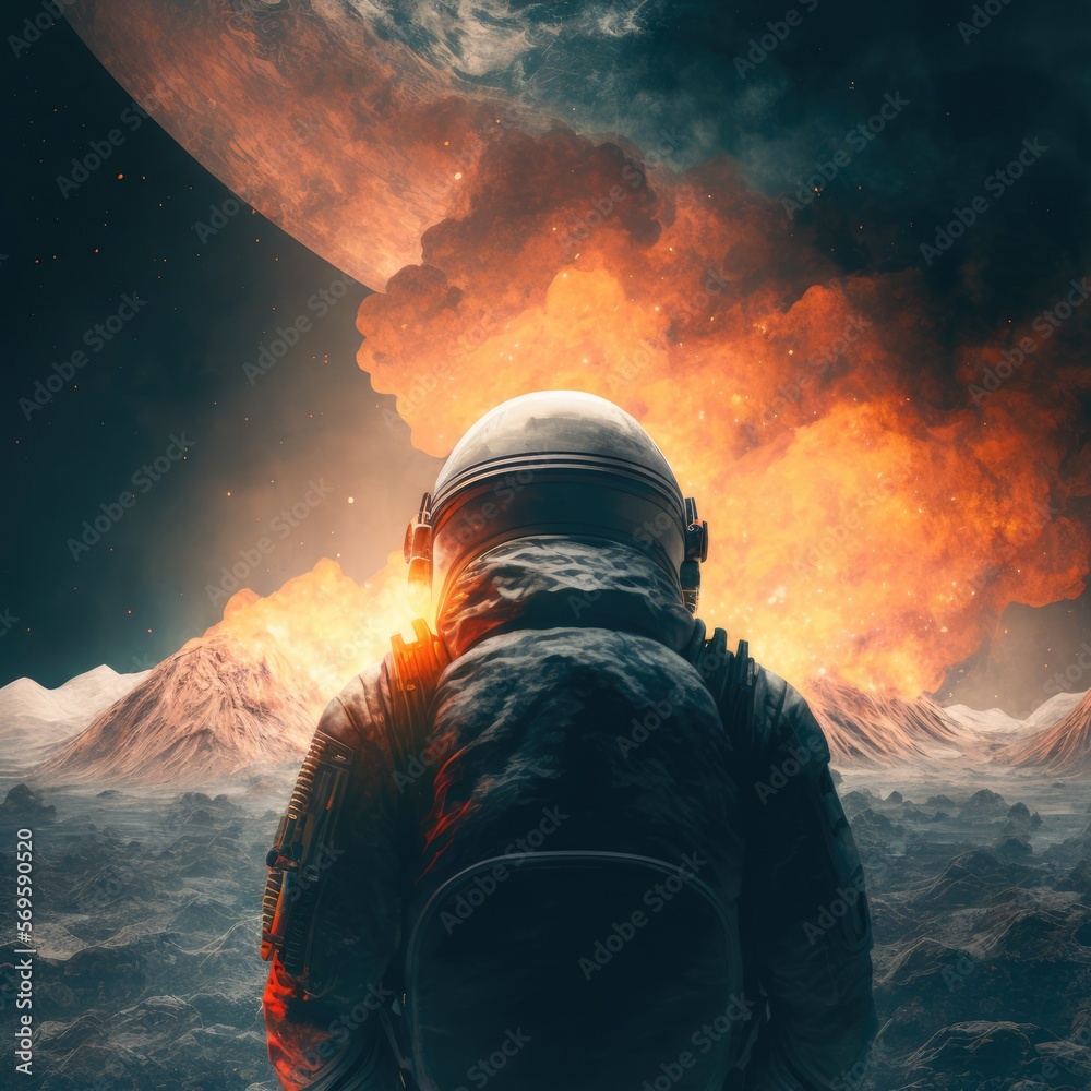 Astronaut from behind witnesses the collision of a satellite on the ...