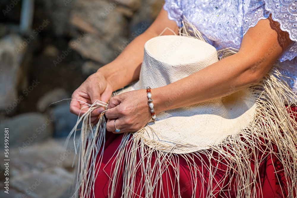 Ecuadorian indigenous chola woman weaving Panama hat from Toquilla palm ...
