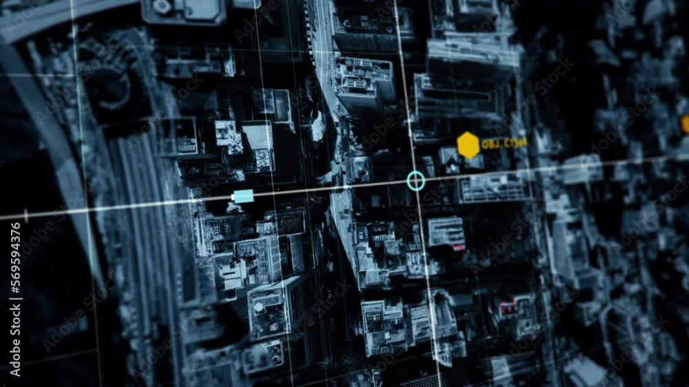 Modern satellite analysis system is observing the selected town. Modern ...