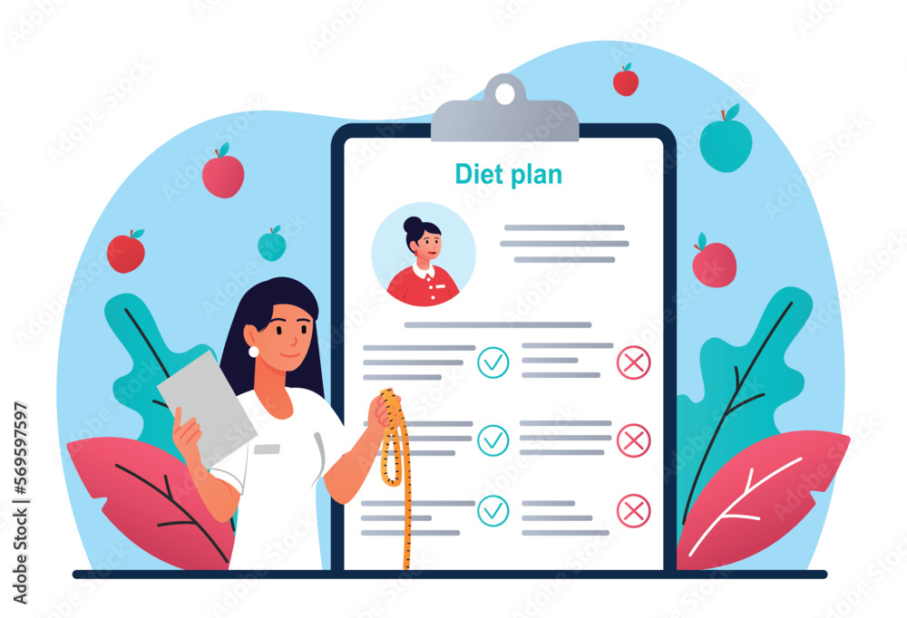 Nutrition specialist concept. Young girl makes nutrition plan and diet ...