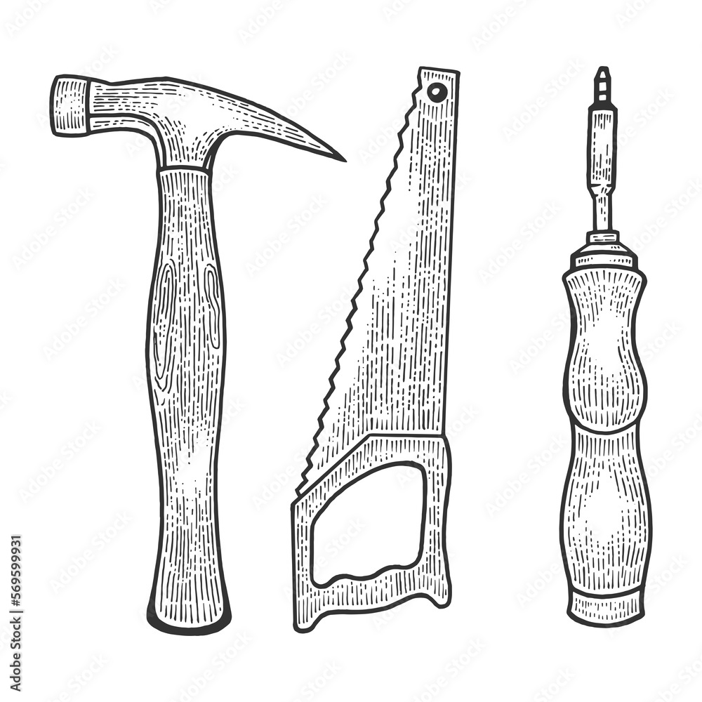 Hammer saw and screwdriver tools sketch PNG illustration with ...