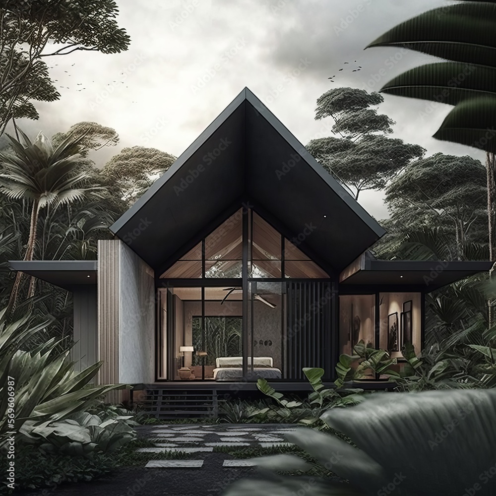modern 1 story house exterior realistic ,nordic japandi roof , tropical ...