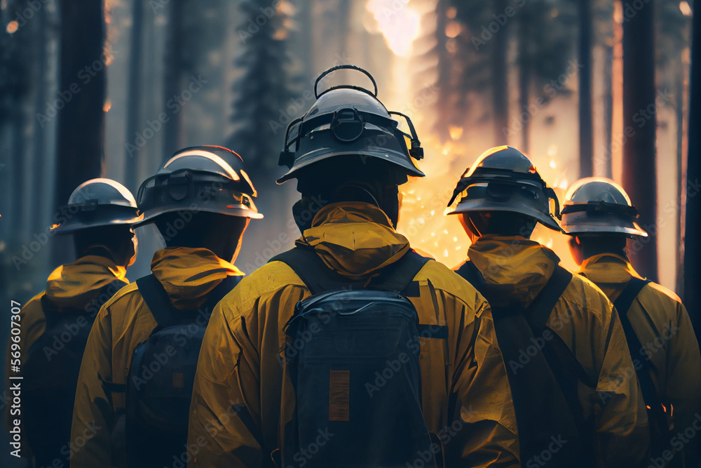 Fictional people, Group of forest firefighters in smoke and fire ...