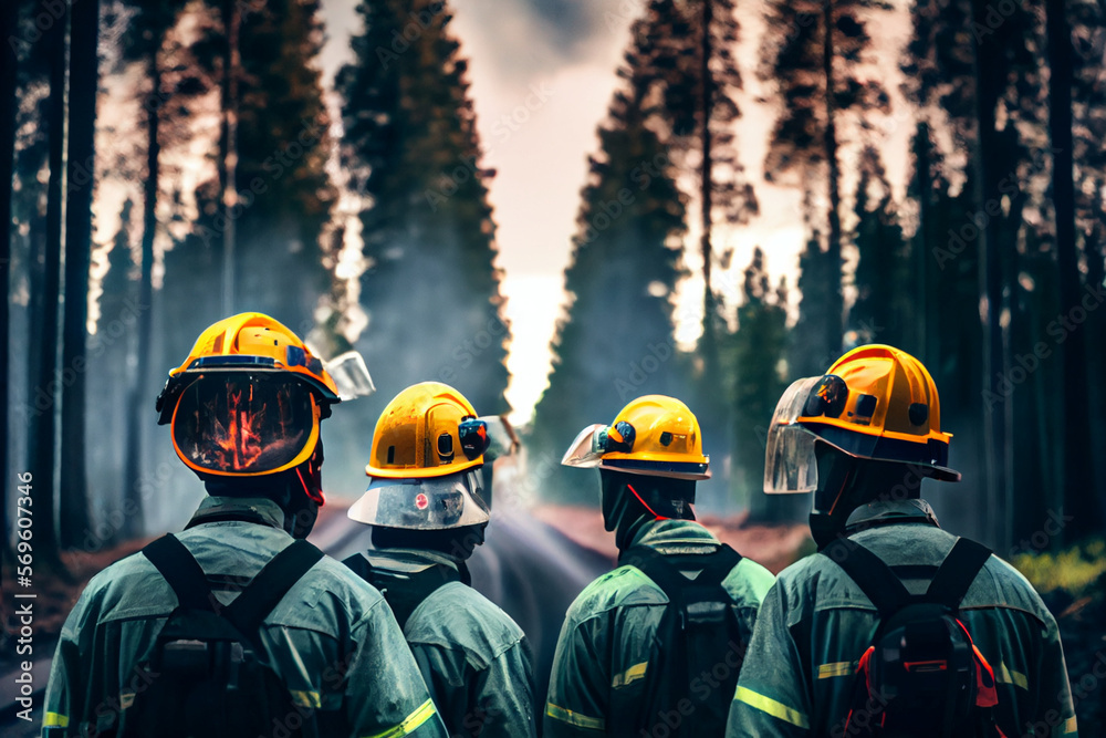 Fictional people, Group of forest firefighters in smoke and fire ...