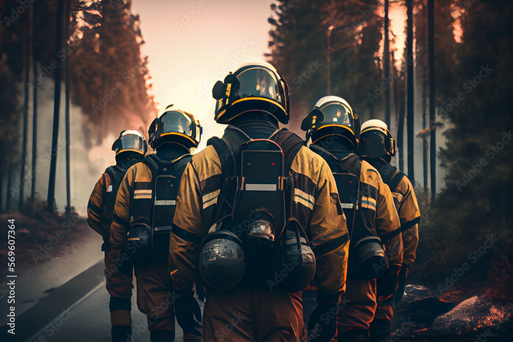 Fictional people, Group of forest firefighters in smoke and fire ...