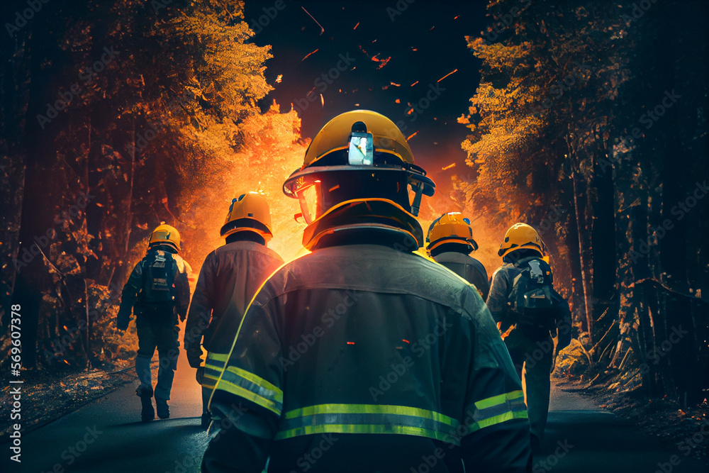 Fictional people, Group of forest firefighters in smoke and fire ...