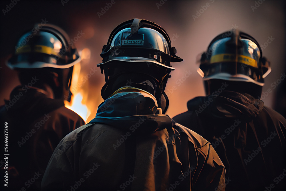Fictional people, Group of firefighters in smoke and fire accident ...