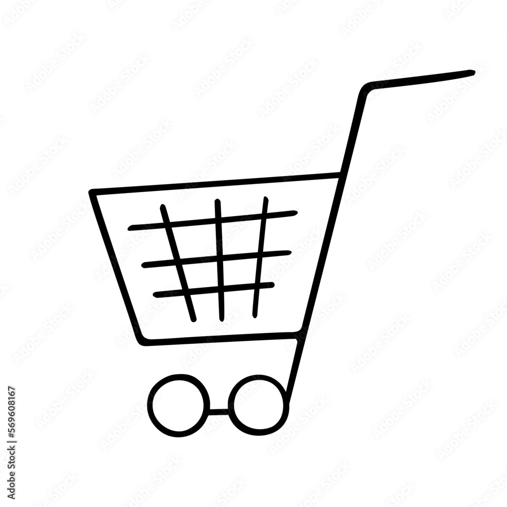 Shopping trolley doodle sign,hand-drawn supermarket cart, buying ...