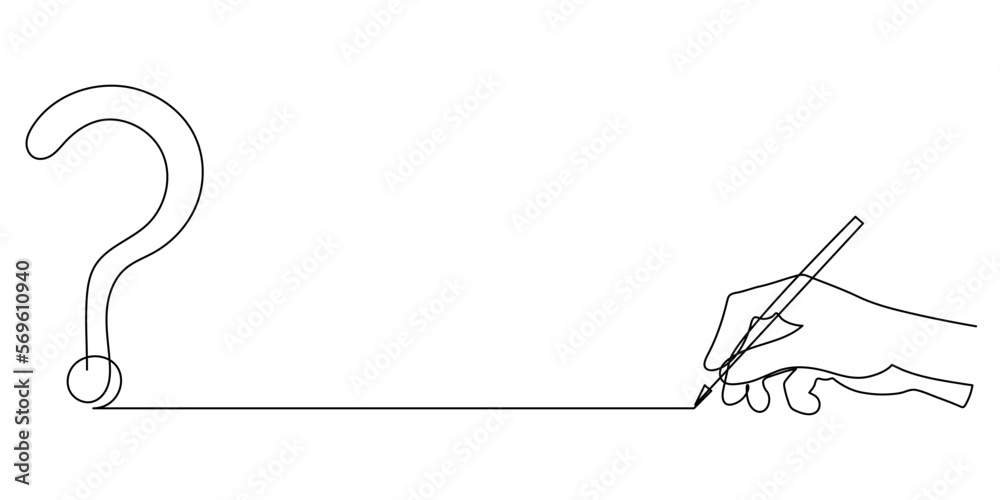 Writing hand with question mark,one line art,hand drawn asking sign ...