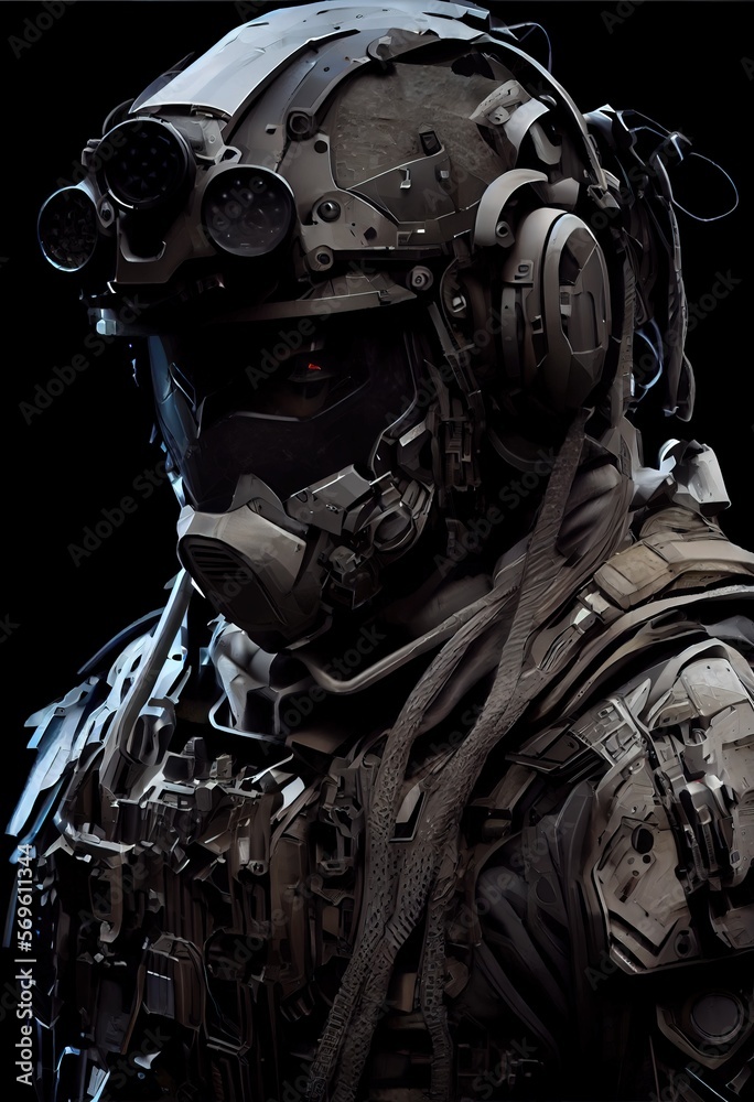 Portrait of a sci-fi military warrior. High-tech futuristic man from ...