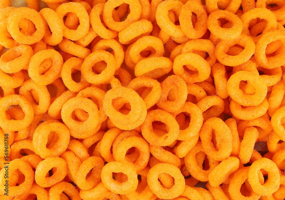 Chilli flavored corn rings. Full frame, background and texture. Stock ...