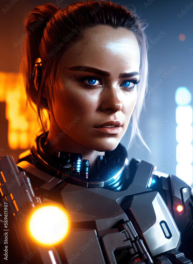 Terminator woman from the future. Woman robot with a gun. Beautiful ...