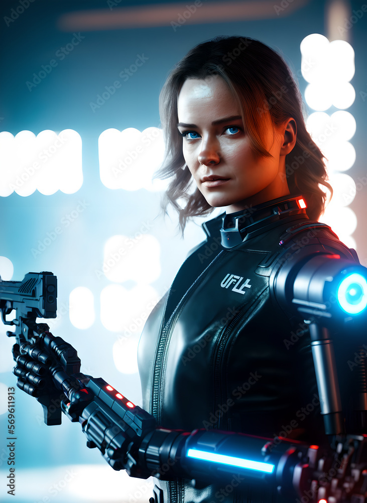 Terminator woman from the future. Woman robot with a gun. Beautiful ...