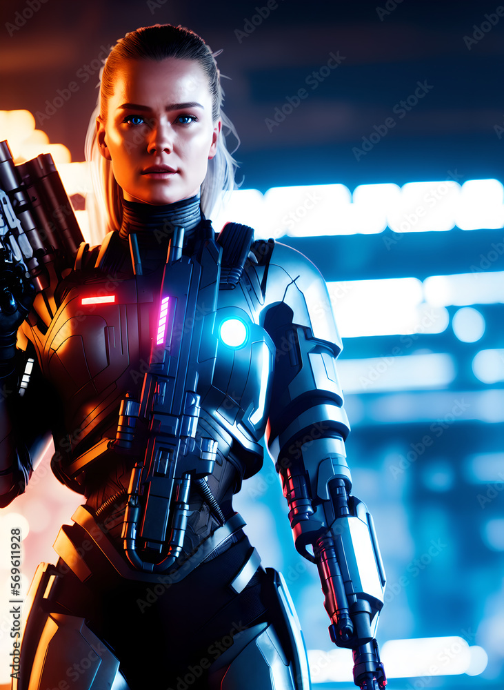 Terminator woman from the future. Woman robot with a gun. Beautiful ...