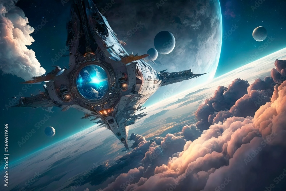Epic Sci-fi space landscape. Futuristic spaceship flying in orbit of a ...