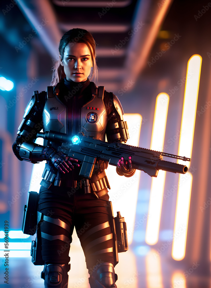 Terminator woman from the future. Woman robot with a gun. Beautiful ...