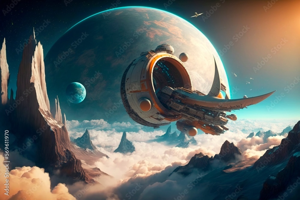 Epic Sci-fi space landscape. Futuristic spaceship flying in orbit of a ...