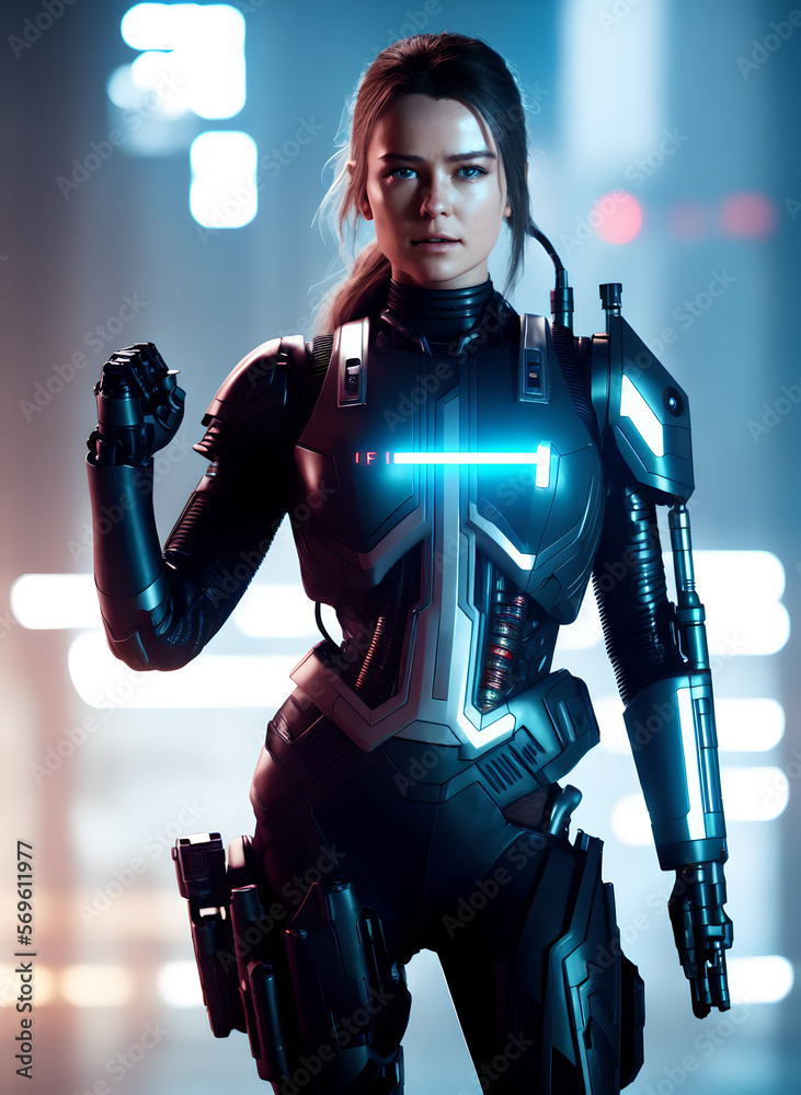 Terminator woman from the future. Woman robot with a gun. Beautiful ...