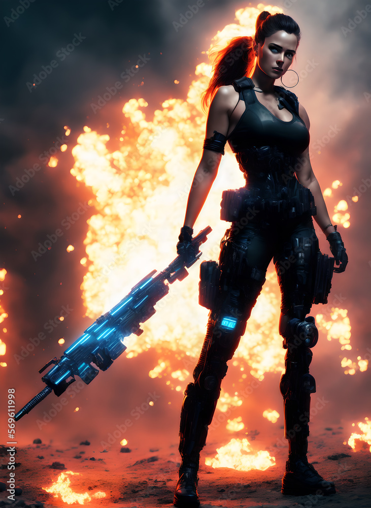 Terminator woman from the future. Woman robot with a gun. Beautiful ...