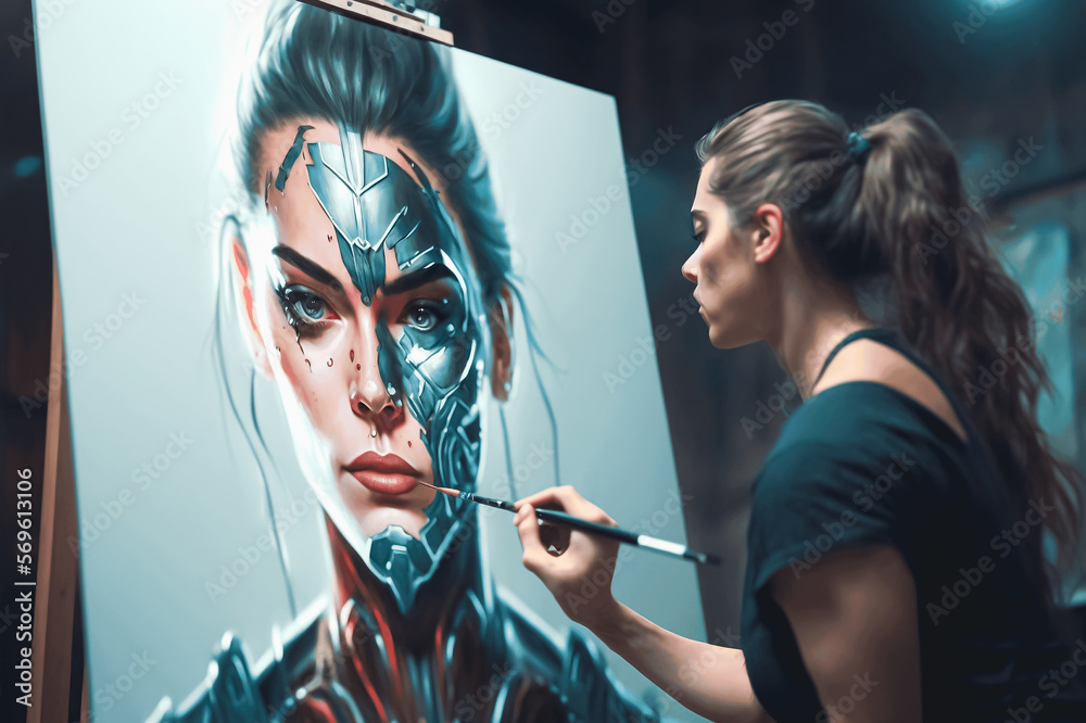 Female artist is paint a portrait of self as a cyborg. AI generated ...